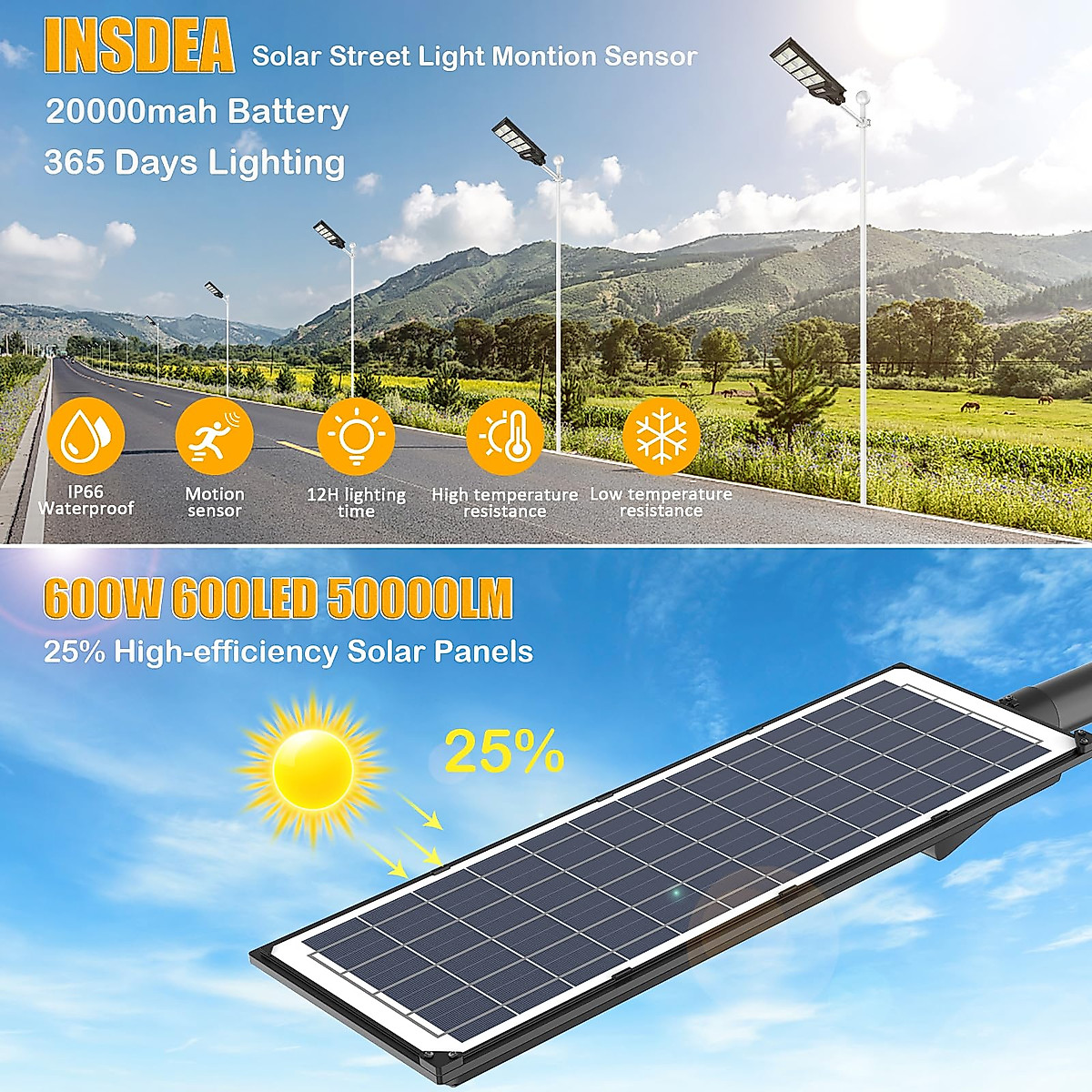 INSDEA 600W Solar Lights for Outside, 50000LM Dusk to Dawn Solar Street Light Motion Sensor, IP66 Waterproof Solar Security Flood Lights Outdoor for Garden,Yard,Parking Lot