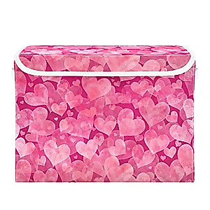 Valentine's Day Pink Hearts Collapsible Rectangular Storage Bins with Lids Decorative Lidded Basket for Toys Organizers Fabric Storage Boxes with Handles for Toys Clothes Organizing Room Nursery