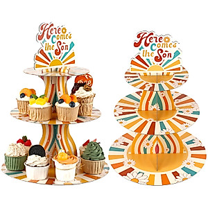 Here Comes the Son Baby Shower Decorations Cupcake Stand 3 Tier Baby Shower Cupcake Stand Here Comes the Son Baby Shower Supplies for Boho Baby Shower Gender Reveal Birthday Party Supplies