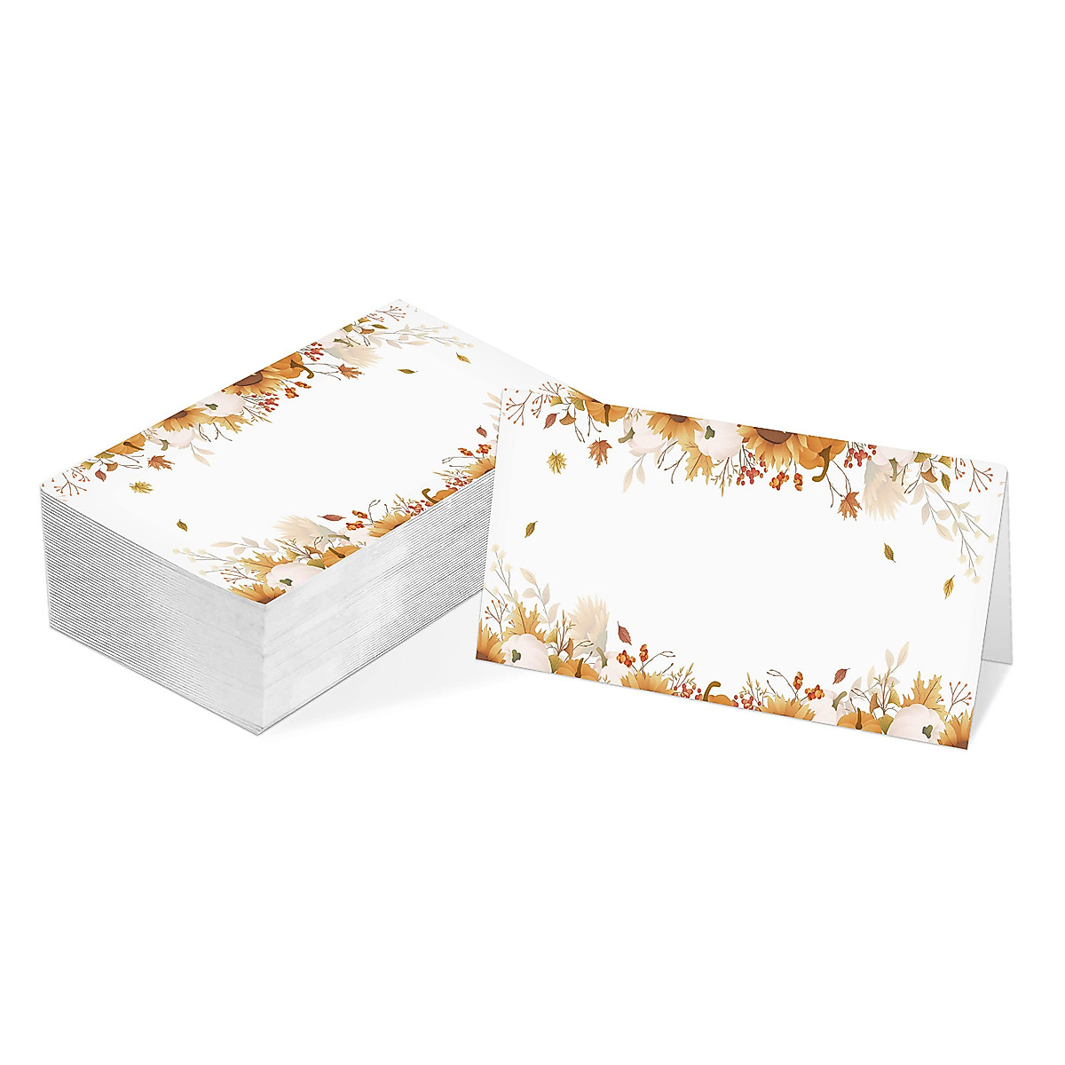 Table Place Card, Fall Harvest Thanksgiving Themed Tent Style Cards, Pack of 25 Half-Fold Reception Place Card with Pumpkin, Perfect for Thanksgiving Dinner, Party, Birthday, Wedding, Banquet A06