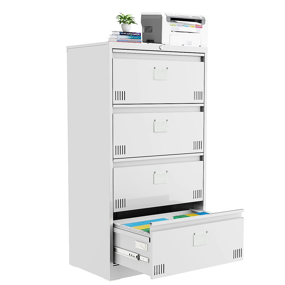 Petonline Metal Lateral Filing Cabinet for Home Office, 4 Drawer Lateral File Cabinet with Lock, Metal Horizontal File Cabinet with Card Slot, Lockable Storage File Cabinet for Hanging Letter/Legal