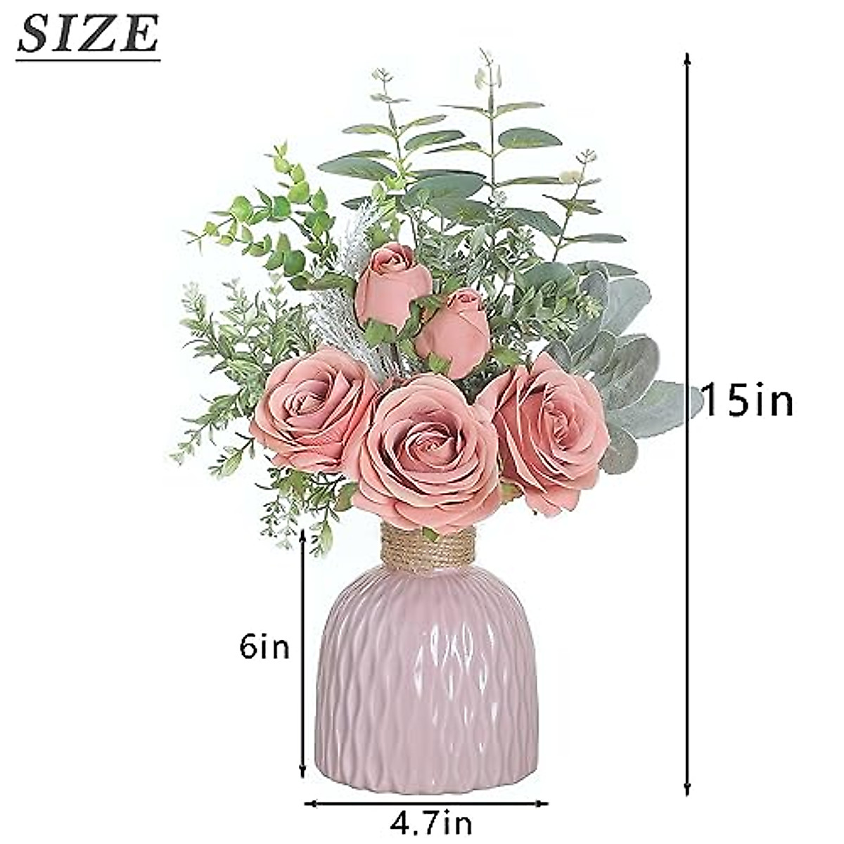 Artificial Flowers with Ceramic Vase,Faux Silk Roses and Fake Plant Eucalyptus in Vase for centerpiece table decorations, living room,dining table,fireplace,office,farmhouse,home decor(Dusty Pink)