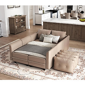 LLappuil Modular Sectional Sofa Faux Leather Fabric Convertible 6 Seater Sectional Couch with Storage Seat, 81.5 Inch Modern Reversible Chaise Modular Couch Sleeper, Aqua Blue