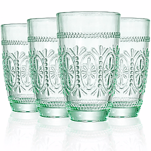 Bekith 4 Pack Colored Romantic Drinking Glasses, 14.5 oz Tall Water Glasses, Embossed Tumblers for Beverage, Beer, Soda, Cocktails, Vintage Glassware Set for Dinner Parties, Bars, Green
