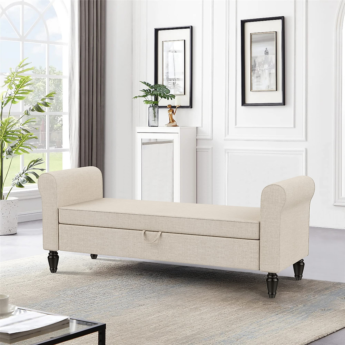 ALISH Modern Storage Bench with Arms, 54“ King Button Tufted Bed Bench Entryway Bench with Storage, Upholstered Bedroom Bench for Living Room Bedroom Light Beige