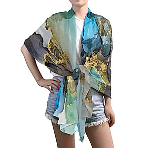 Mixed Blue, Grey, Golden Alcohol Ink Abstract Marble Texture Women Long Silk Scarf, Shawl Chiffon Large Stole Headscarf, Lightweight Sunscreen Satin Scarves Wraps for Wedding Party Gift