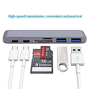 Leya-US Spare Part 6 in 1 Multi-Function Aluminium Alloy 5Gbps Transfer Rate Dual USB-C/Type-C HUB Adapter with 2 USB 3.0 Ports & 2 USB-C/Type-C Ports & SD Card Slot & TF Card Slot Compatible for
