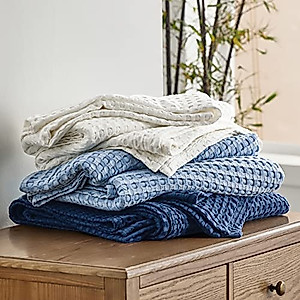 Bedsure Cooling Bamboo Waffle Queen Size Blanket - Lightweight and Breathable Full Blankets for Hot Sleepers, Soft Spring Blanket, Luxury Cotton Throws for Bed, Couch and Sofa, White, 90x90 Inches