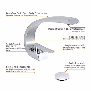 Homary 1-Handle Bathroom Sink Faucet with Pop Up Drain One Hole Deck Mount Curved Lavatory Faucet Mixer Tap, Solid Brass Chrome