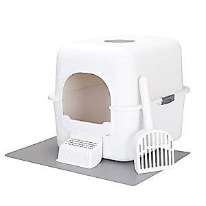 Sfozstra Urine Litter Box with Pedal for Small Cats Approx 8Lbs, Fully Enclosed Leak-Proof ,High Edge and Odorless ,Easy to Carry and Clean (White with Handle, S)