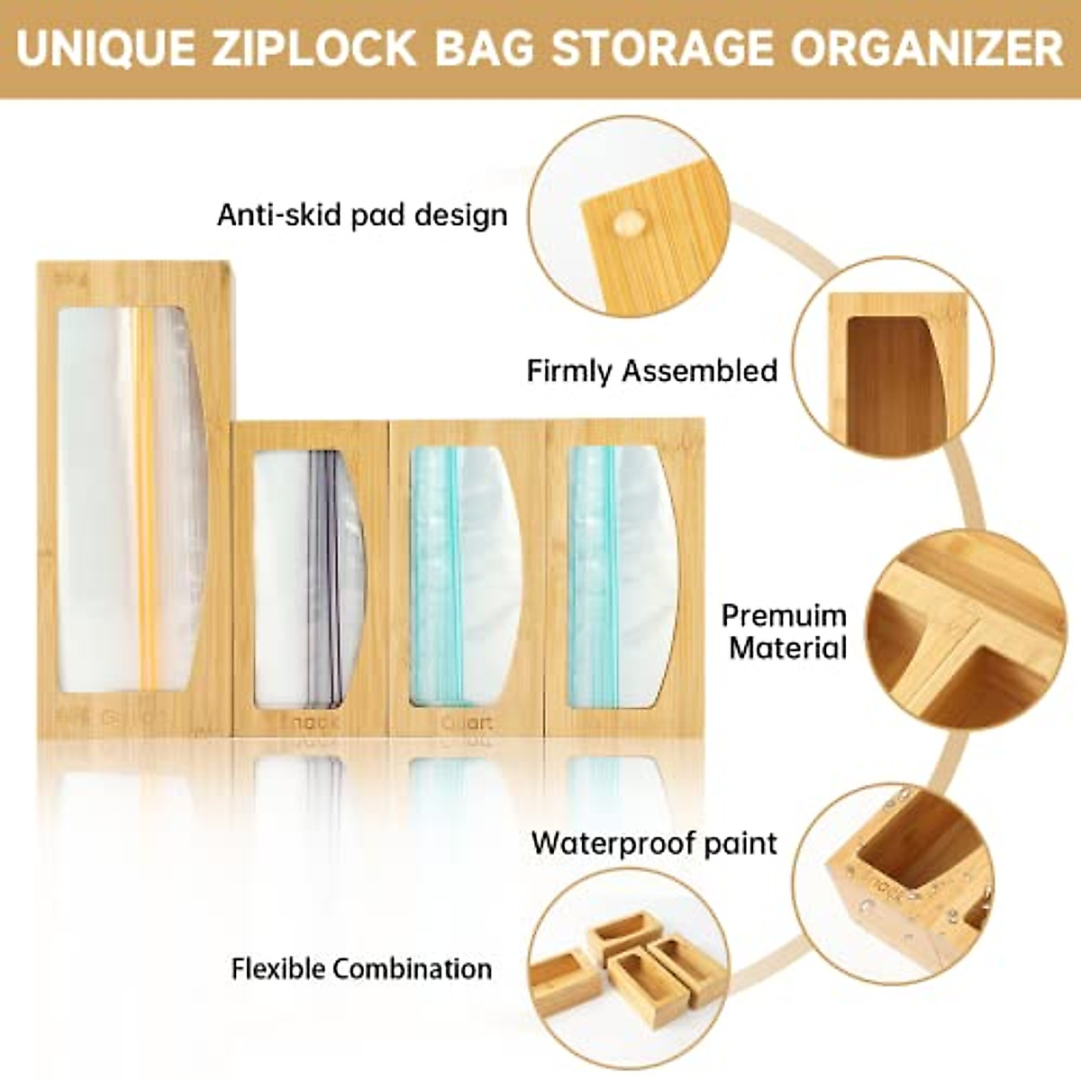 Vivnoon Ziplock Bag Organizer 4pcs Separate Bamboo Drawer Organizer, Food Storage Bag Organizer, Kitchen Baggie Organization Drawer for Gallon, Quart, Sandwich and Snack Bag