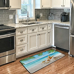 KOCOART Tropical Starfish Seashell Kitchen Floor Mat Summer Sky Beach Bath Rugs for Bathroom Non Slip Absorbent Washable Sink Stove Standing Desk Mat Runner Rug for Home Office Laundry 39X20 inches