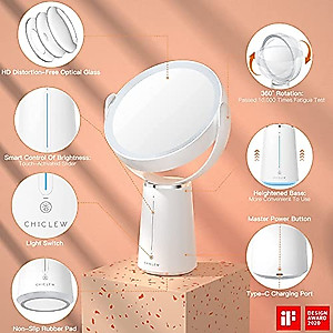 CHICLEW Lighted Makeup Mirror,Rechargeable Vanity Mirror with Lights Magnifying Mirror 10X / 1X,360°Rotatable Dimmable Cosmetic Mirror with Smart Touch Brightness Adjustable(0-1100Lux)