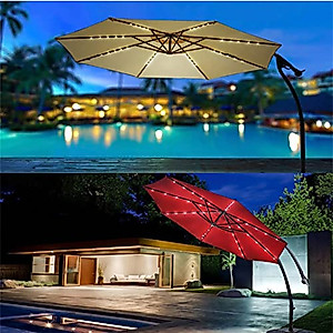 ZJDU Solar Patio Umbrellas,Solar LED Offset Patio Umbrella,Led Lighted Outdoor Table Market Umbrella, with Push Button Tilt/Crank,8 Ribs, for Garden, Lawn, Deck, Backyard & Pool,Brown,2.7m