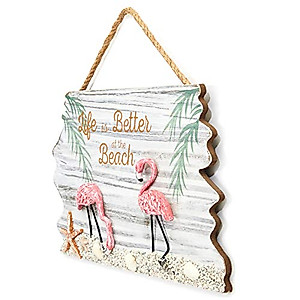 Juvale Flamingo and Life is Better at The Beach Hanging Wall Decoration (14 x 9 Inches)