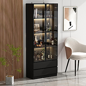 Homsee Bookcase Bookshelf with 4-Tier Shelves, Glass Doors, Drawers and LED Lights, Wooden Display Storage Cabinet for Home Office, Living Room, Black (31.5”W x 14.2”D x 78.7”H)