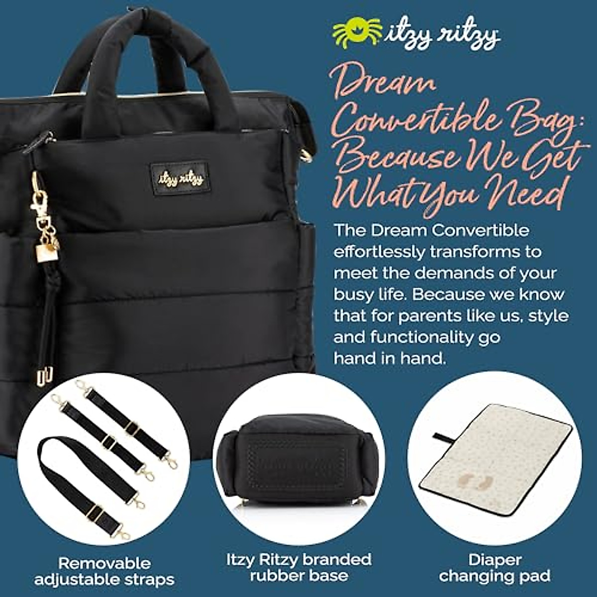 Itzy Ritzy Dream Convertible Diaper Bag Tote Backpack - Baby Diaper Bag with 14 Pockets, Changing Pad & More (Midnight Black)