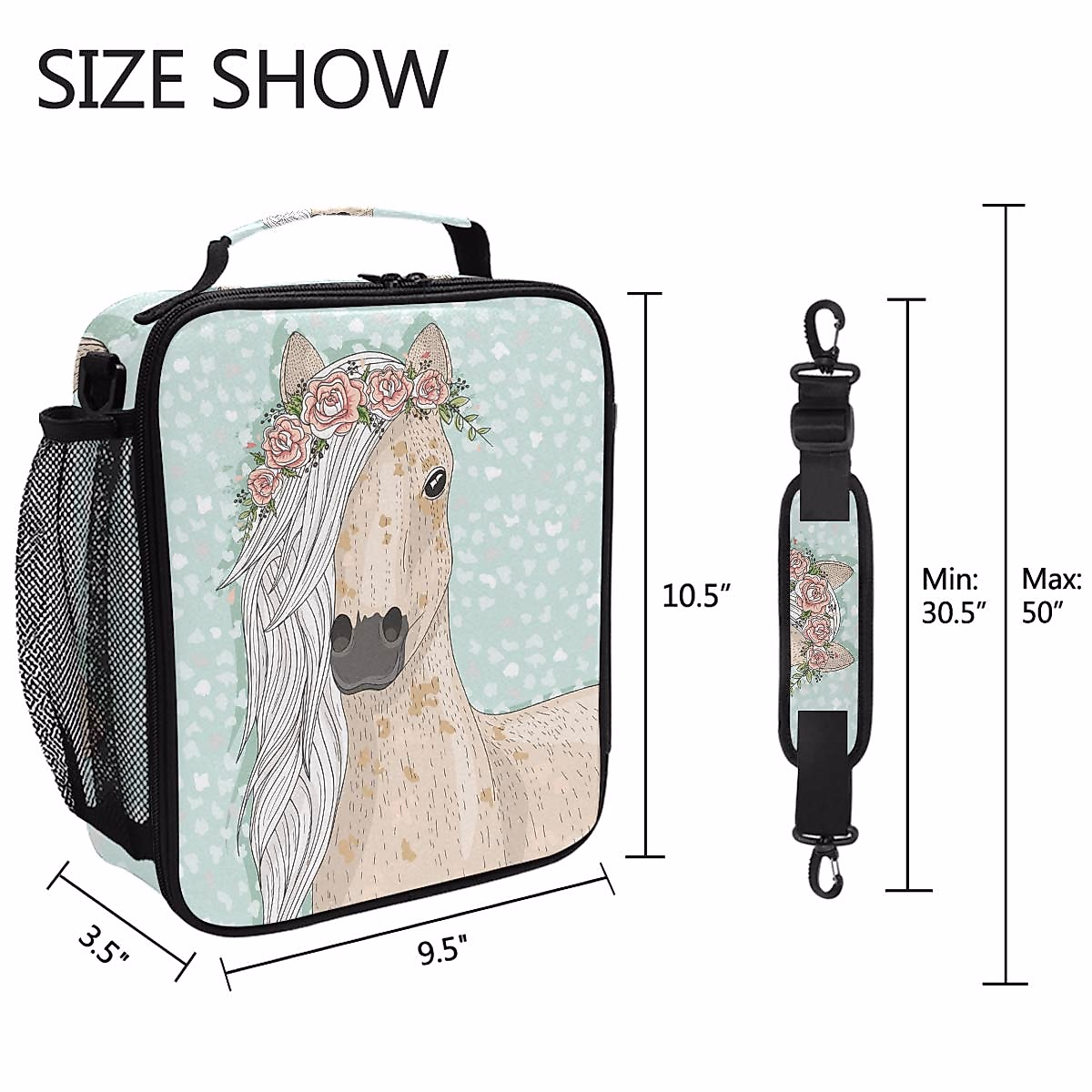 Pfrewn Cute Horse Lunch Box Unicorn Animals Flowers Fairytale Insulated Lunch Bag Reusable Cooler Meal Prep Bags Lunch Tote with Shoulder Strap for Office Adults School Kids Girls Teens