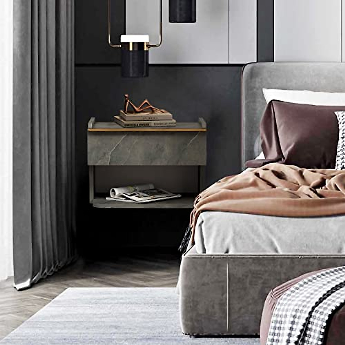 Bixiaomei Floating Bedside Table Nightstands, Wall Mounted Bedside Cabinet, Floating Wall Shelf Console with Mental, Modern Storage Cabinet Unit for Bedroom & Living Room (2 Pieces/Dark Grey/17.72IN)