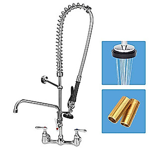 COOLWEST Commercial Sink Faucet 8 Inch Center Wall Mount Kitchen Faucet with Pull Down Pre-Rinse Sprayer and 12” Add-on Swivel Spout, 36” Height Perfect for 3 Bay Compartment Sink