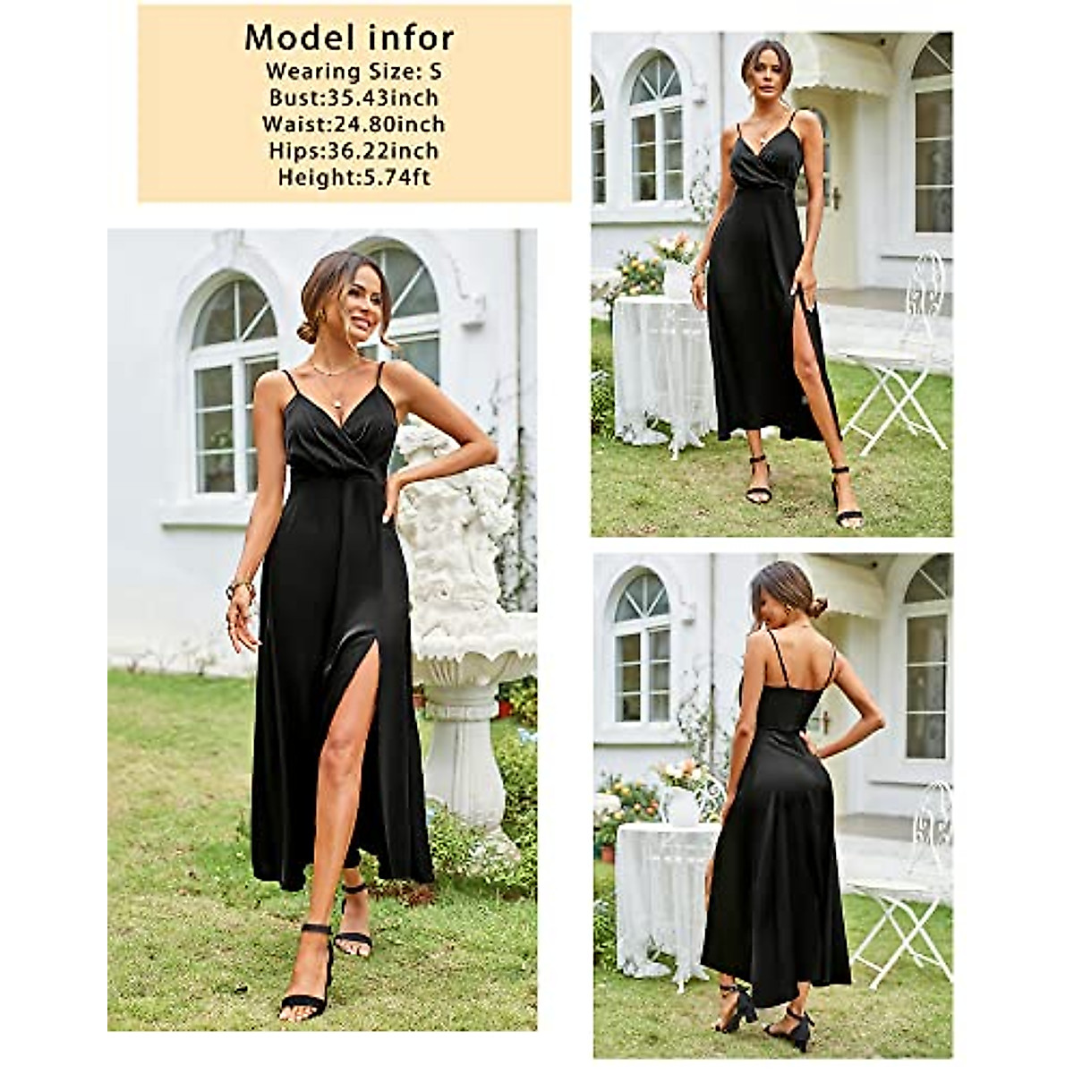 Newshows Women's Satin Long Black Dress V Neck Spaghetti Strap Sleeveless Slit Cocktail Wedding Guest Summer Maxi Dress 2023 (Black, Medium)