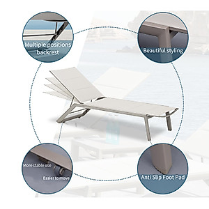 Patio Lounge Chair Set of 2 with Table - 4-Position Adjustable Recliner Aluminum Outdoor Chaise Lounge with Wheels for Beach, Yard, Balcony, Poolside - Khaki