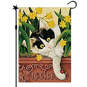 CMEGKE Spring Summer Cat Garden Flag, Spring Summer Cat Daffodils Flags, Spring Summer Flags Summer Spring Rustic Vertical Double Sided Burlap Cat Daffodils Floral Home Holiday Party Farmhouse Yard Lawn Outside Decorations 12.5 x 18 In
