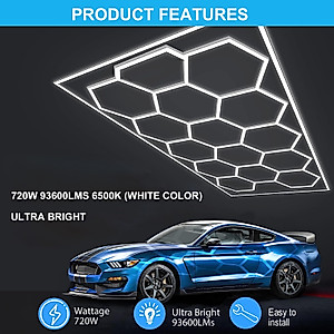 Hexagon Garage Light: Higher Brightness 720W 93600 Lumens Hexagon Led Garage Light with Rectangle Frame 6500K, 15 Hex Grid for Garage, Shop, Basement, Car Detailing Shop etc. with Mounting Clip