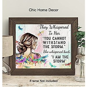 They Whispered to Her You Cannot Withstand The Storm - Boho Positive Motivational - Uplifting Encouragement Gifts for Women Teens BFF - Inspirational Quote Wall Art - Hippie Dragonfly Wall Decor Print
