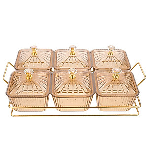 KICHOUSE Snacks Dish Serving Platter 6 Grid Snack Bowl with Metal Rack Tray Chip and Dip Serving Set Divided Candy and Nut Platter Fruit Snack Containers Relish Tray