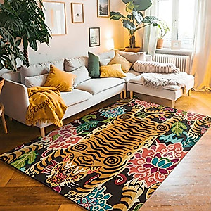 Bohemian Tibetan Tiger and Floral Area Rug, Vintage Tiger Area Rug Colorful Moroccan Rug, Tiger Rugs for Living Room,Tiger Print Rug Animal Printed, Jungle Theme Rugs for Nursery, Funky Rugs, 3x5ft