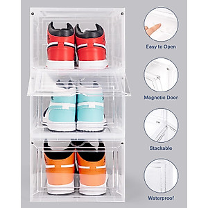 Lzerking Shoe Organizer 8 Pack with Magnetic Doors, Thickened Sturdy Boxes, Stackable Shoe Containers for Sneakers, Boots, Hats, Bags; Fits up to US Size 12 (13.3x10.5x7.4, White)
