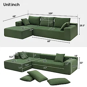 Tmsan Modular Sectional Sofa, 109" Modern Convertible L Shaped Cloud Couch Set, Minimalist Upholstered Sleeper Sofa with Pillows for Living Room, Green