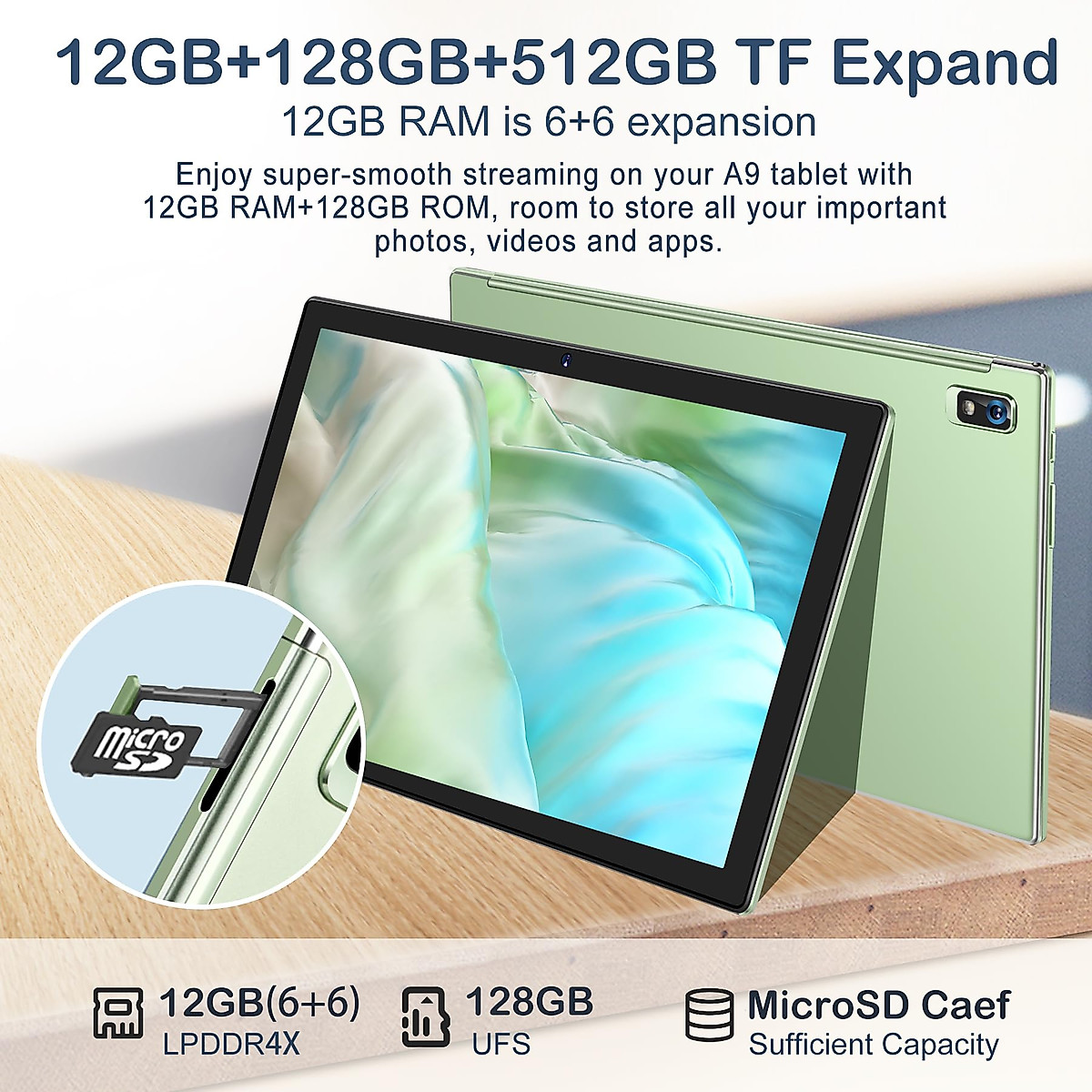 Oangcc Android 13 Tablet 10 Inch 2024 Latest with 12GB(6+6 Expand)+128GB Keyboard Mouse WiFi Bluetooth GPS 512GB Expand Support, Dual Camera Computer Tablets with Case - Green