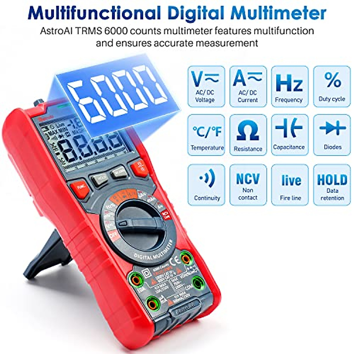 AstroAI Digital Multimeter, TRMS 6000 Counts Auto-Ranging Voltage Tester Voltmeter Measuring AC/DC Voltage Current, Capacitance Resistance Frequency Temperature Continuity Diodes with NCV