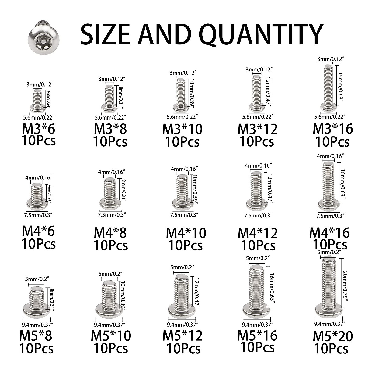 Rrina 150Pcs 304 Stainless Steel Button Head Torx Security Screws Tamper Resistant Screw Assortment Set, M3 M4 M5 with 3 Wrench(T10 T20 T25)