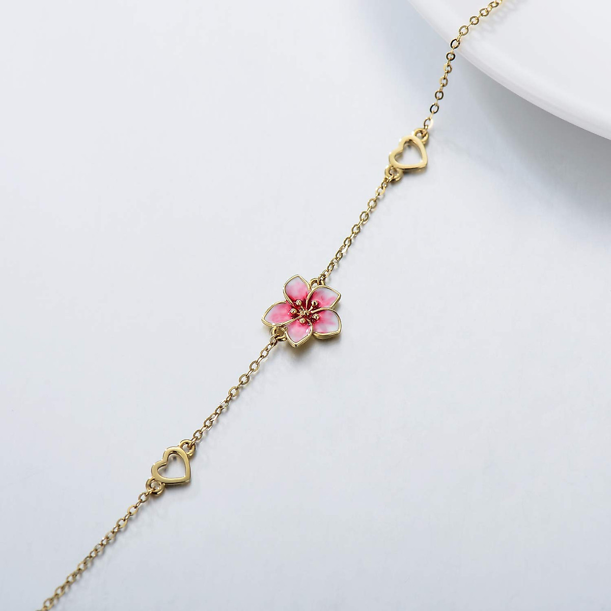 14K Solid Gold Cherry Blossoms Bracelet for Women,Yellow Gold Exquisite Heart Flower Anklet Bracelets,Anniversary Birthday Jewelry Gifts for Wife Mom 6.5''+1''+1''