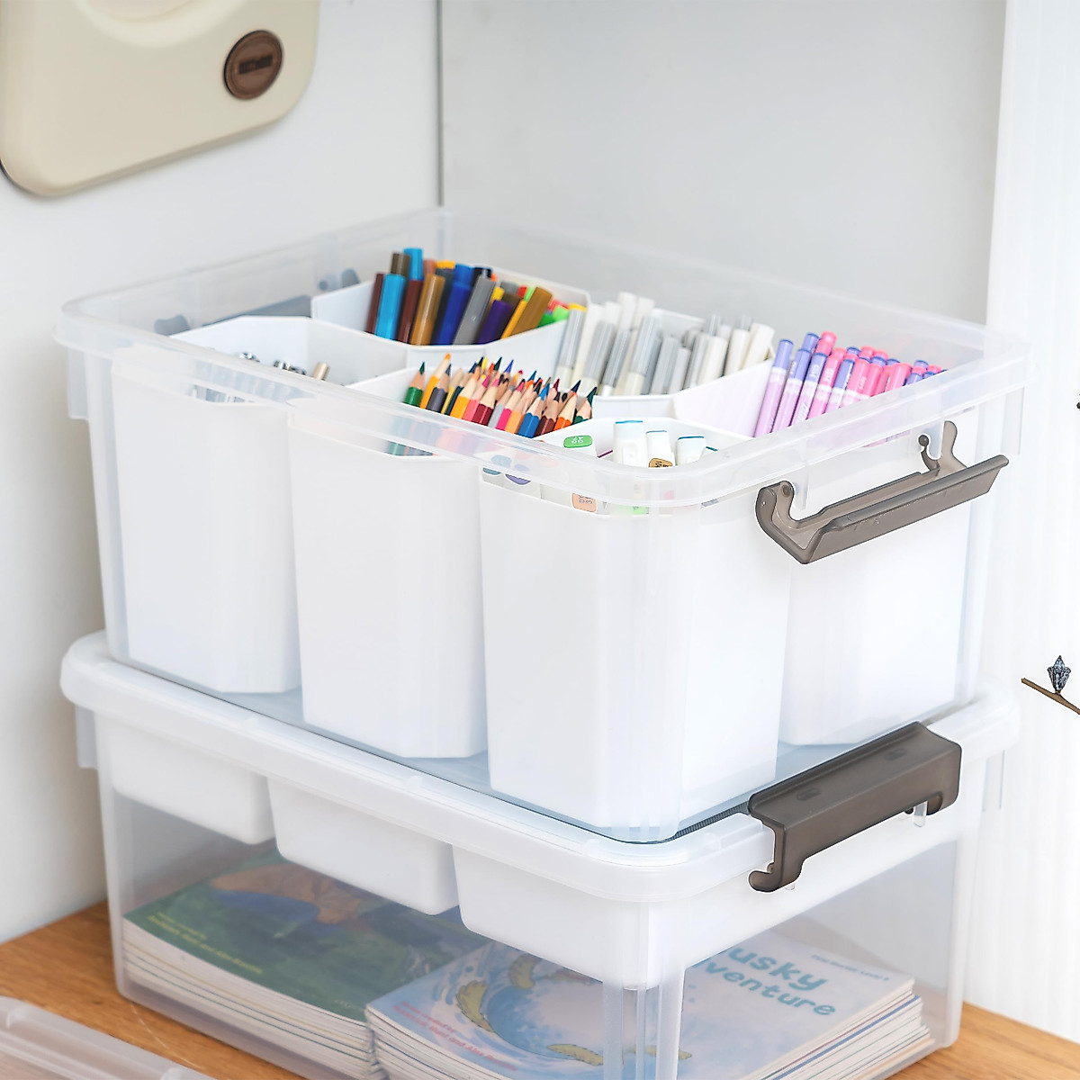 Citylife 17 QT Plastic Storage Box with Removable Tray and 6 Detachable Tall Inserts Craft Organizers and Storage Clear Storage Container for Organizing Crayon, Craft, Sewing, Playdoh