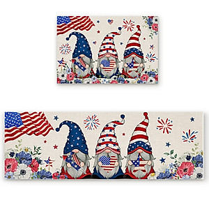 CHARMHOME 2 Pieces Kitchen Rugs and Mats Set Independence Day Cute Gnome Celebrate 4th of July Non-Slip Kitchen Mat Washable Doormat Runner Set(15.7"x23.6"+15.7"x47.2")