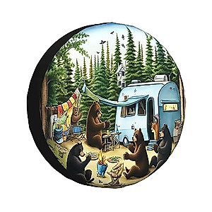 Happy Camper Bear Spare Tire Covers for Trailer Camper Rv SUV Truck Travel, Psychedelic Funny Tire Covers Camping Wheel Covers Car Decor, Universal Fits, 14 inch