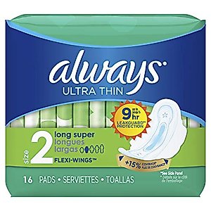 Always Ultra Thin Long/Super With Wings Unscented Pads, White, 16 Count