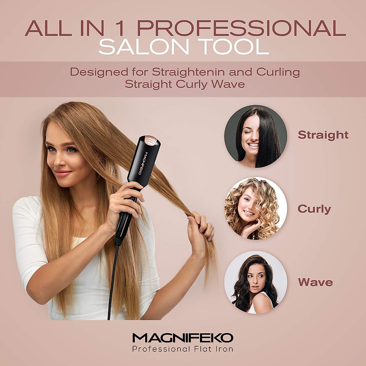 Magnifeko Professional Flat Iron Hair Straightener Wide Plate & Digital Display - Dual Voltage Titanium Hair Straighteners (Black Rosegold)