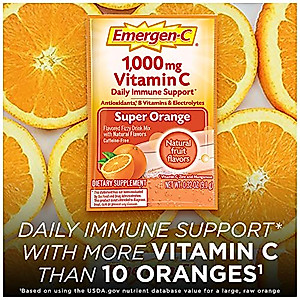 Emergen-C 1000mg Vitamin C Powder for Daily Immune Support Caffeine Free Vitamin C Supplements with Zinc and Manganese, B Vitamins and Electrolytes, Super Orange Flavor - 30 Count
