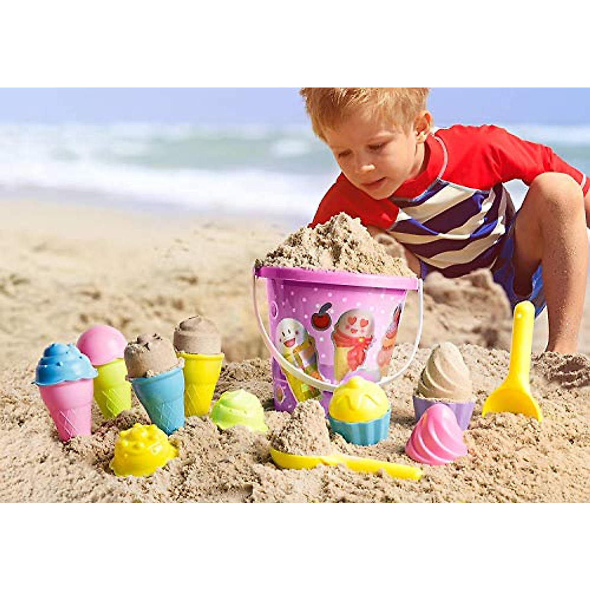 Top Race Ice Cream Sand Toys for Kids with Large 9" Bucket Pail and Spade Scoop Shovels - Kid Beach Toys | 16pcs (Pink) Ice Cream Playset for Kids Ages 1.5 - 9 | Great Ice Cream Sand Toy