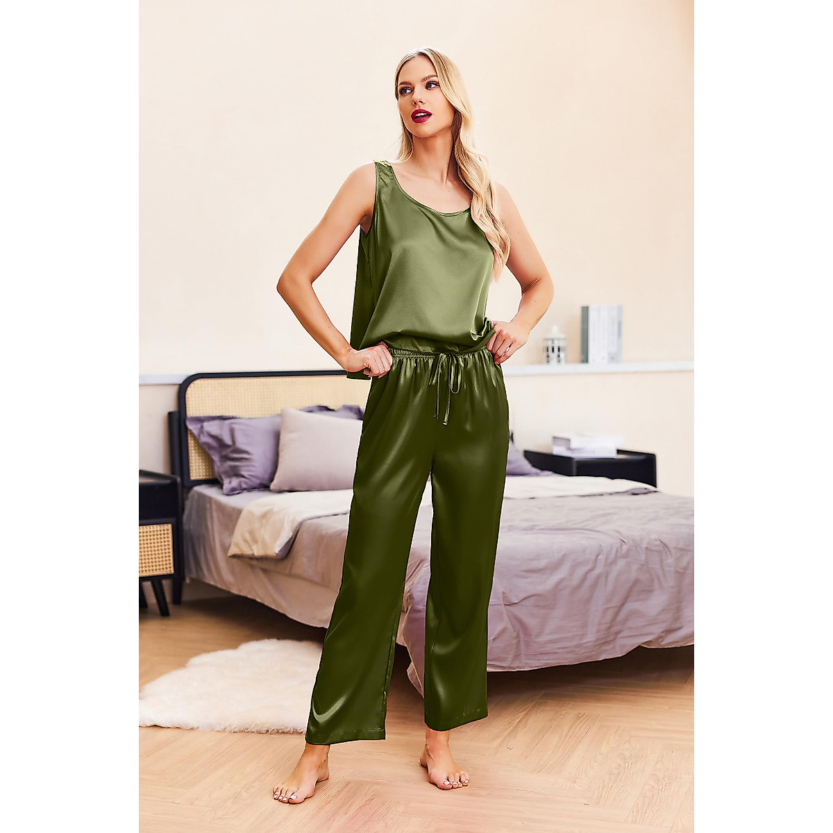 Ekouaer Womens Satin Pajamas Set Back Split Top and Long Pant Silk Pj Set Tank Sleepwear S-XXL Army Green