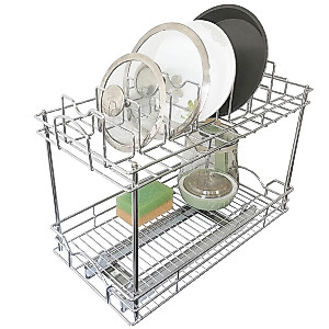 OCG 2 Tier Pull Out Cabinet Organizer for Lid Cookware (11" W x 18" D), Slide Out Kitchen Cabinet Shelves, 2 in 1, Chrome Finish