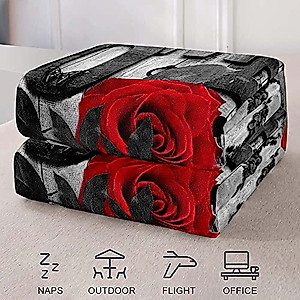 LUVIVIHOME Red Rose Blanket, Rustic Farmhouse Romantic Flower Floral Throw Blanket, Grey Blanket, Cozy Soft Fuzzy Warm Flannel Fleece Blanket for Couch, Sofa, Valentine's Day Gifts for Women, 30"x40"