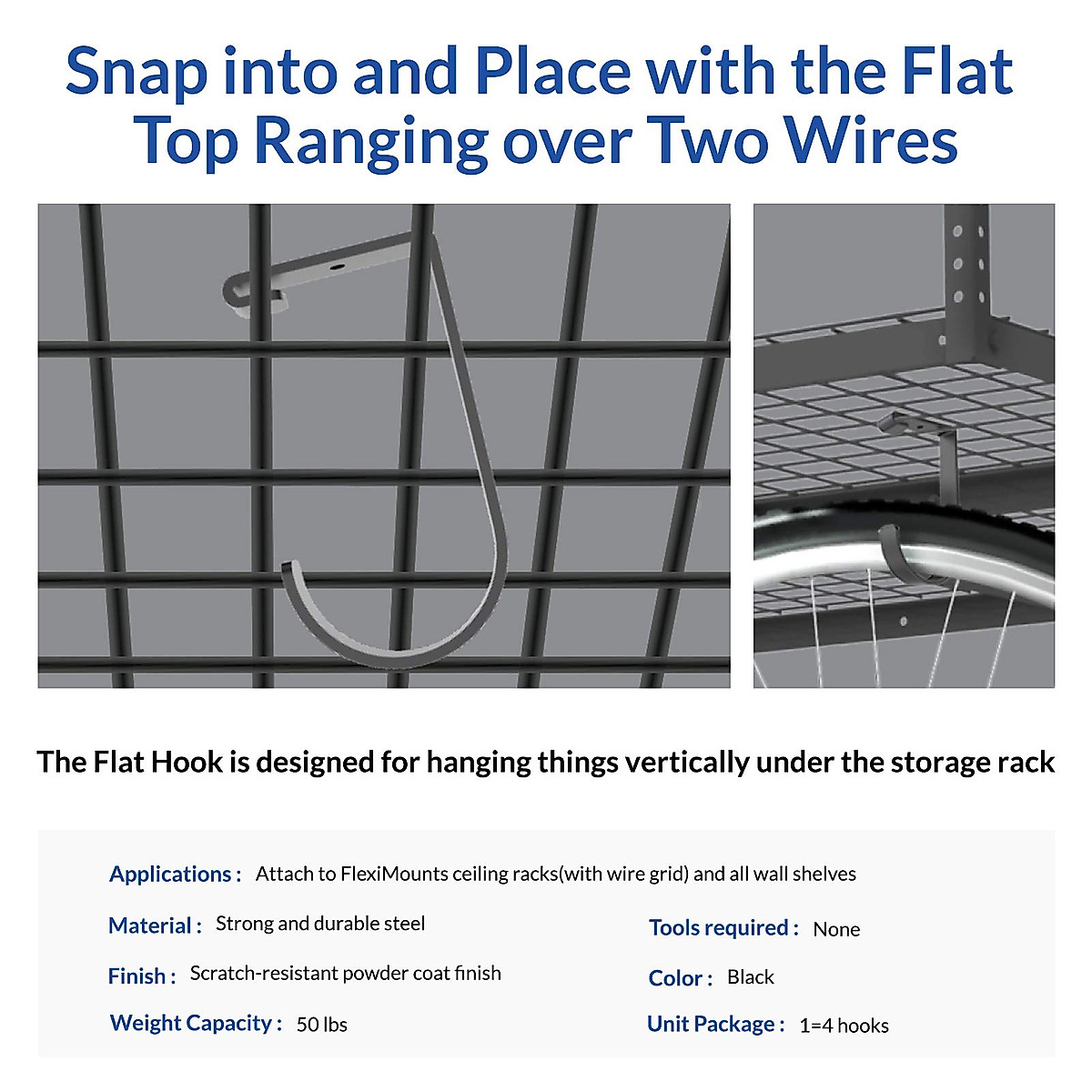 FLEXIMOUNTS 4-Pack Add-On Storage Flat Hook Accessory for Garage Ceiling Storage Rack and Wall Shelving, Black