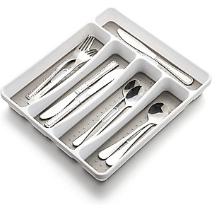 JINAMART Silverware Organizer Tray, Kitchen Utensils Holder and Cutlery Tray with Grooved Drawer Dividers, 5-Compartments Kitchen Drawer Organizer, Non-Slip Rubber Feet BPA-Free (5-compartment)