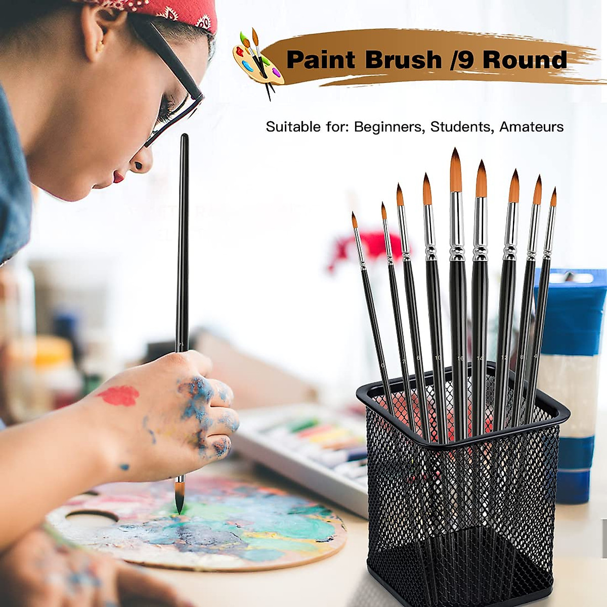 Artist Watercolor Paint Brushes Professional Set, 9pcs Round Point Tip Nylon Hair Long Handle Watercolor Brushes, Detail Paint Brushes for Watercolor, Acrylic, Oil